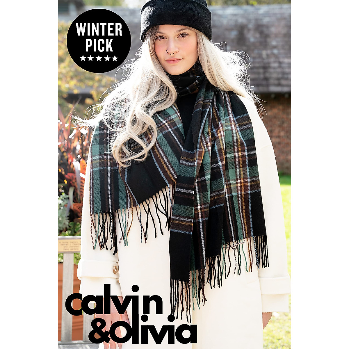 CALVIN & OLIVIA Women's Fall Winter Scarf Thick Classic Plaid Scarf Wrap Warmth Soft Oversized Cashmere Feel Scarves Amazing Tartan Black Green
