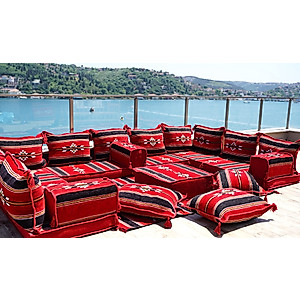 Red Corner Floor Sofa Seating Set, U Shaped Arabic Sofa Set, Oriental Floor Seating, Floor Cushions, Living Room Sofa, Arabic Majlis,Floor Couch (U Sofa Full Set)