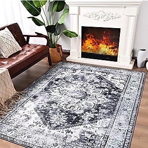ST. BRIDGE Large Area Rug 5x7, Washable Vintage Rug for Bedroom Living Room, Non-Slip Low Pile Colorful Accent Rug, Indoor Floor Carpet for Dining Room Office Playroom Nursery Home Decor, Black/Blue