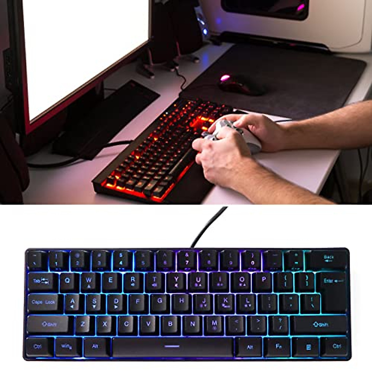 Gaming Keyboard, Computer Keyboard DC5V 100mA RGB Light FN Combination Shortcut Keys 61 Keys for Office