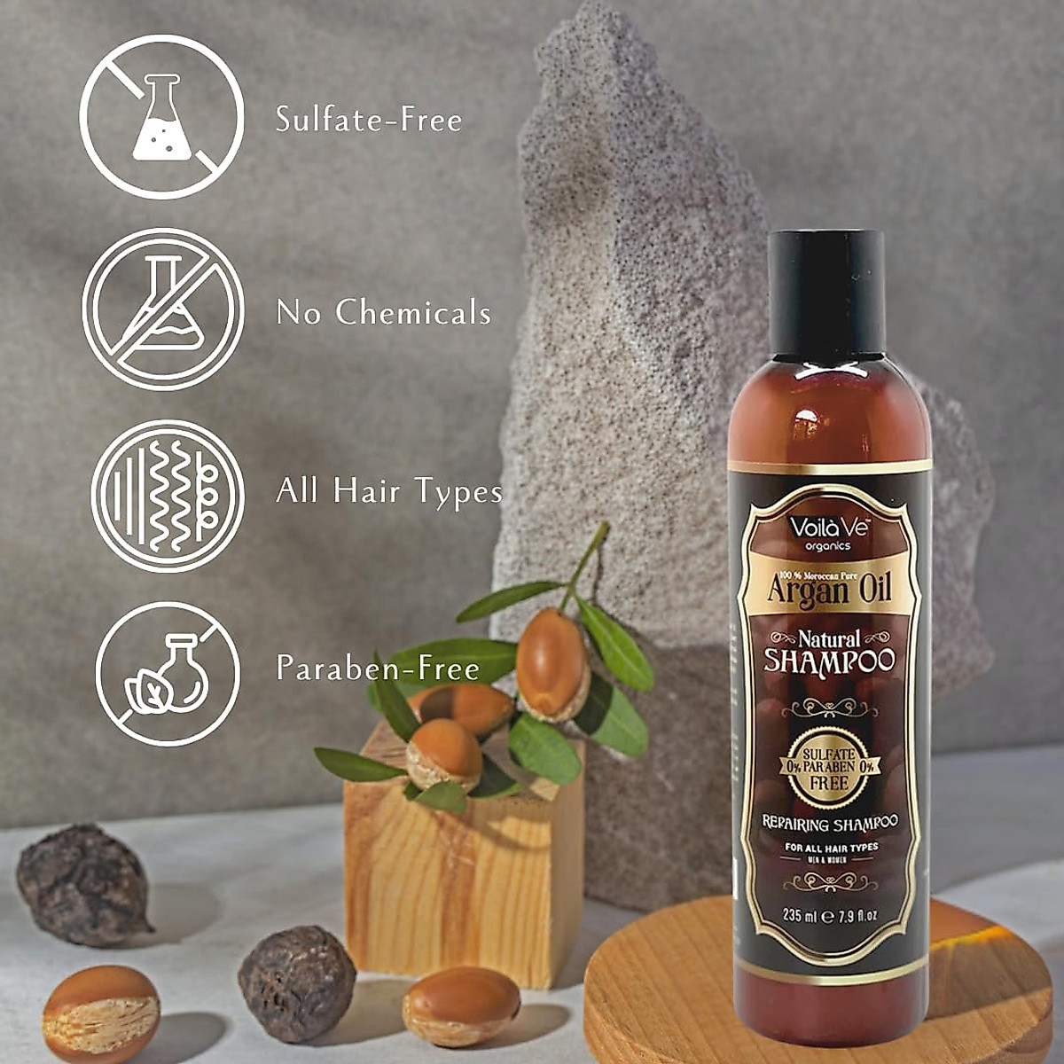 VoilaVe Moroccan Argan Oil Shampoo, Sulfate-Free Shampoo for Hair Growth, Hydrating & Repairing Shampoo for Dry, Damaged, Curly Hair & Scalp, Moisturizing Shampoo for Men & Women, All Hair Types - 8oz