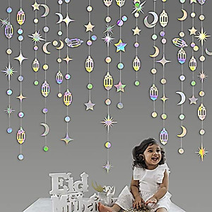 Iridescent Eid Mubarak Ramadan Decorations Hanging Rainbow Star Moon Circle Dot Crescent Lamp Garland Streamer Banner Backdrop Decorations for Happy Ramadan Muslim Islam Birthday Wedding Party
