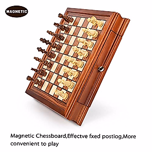 AMEROUS 12.8'' Magnetic Wooden Chess Set / 2 Built-in Storage Drawers / 2 Extra Queen/Gift Package/Chess Rules/Classics Strategy Board Games Chess Sets for Kids and Adults