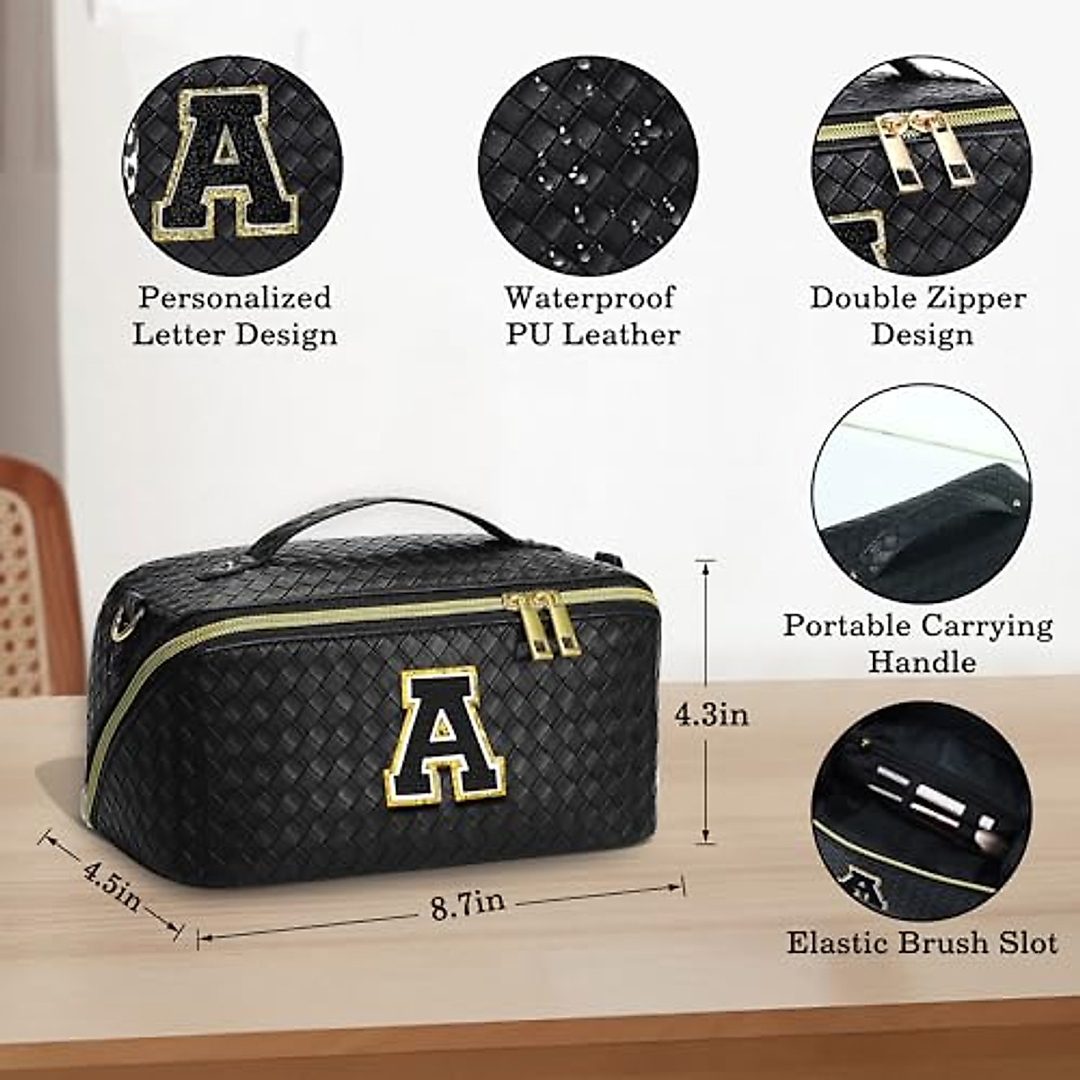 YOOLIFE Initial Travel Makeup Bag - Make Up Bag PU Leather Cosmetic Bag Travel Toiletry Bag for Women Cute Makeup Bag Black Make Up Bags for Women Large Makeup Bag Unique Birthday Gifts Black N