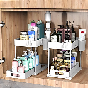 Under Sink Organizers and Storage, 2 Pack Large Capacity Heavy Load Pull-out Under Sink Shelves with Sliding Drawer for Kitchen and Bathroom, White