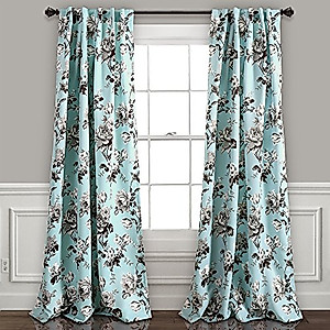 Lush Decor, Blue and Gray Tania Curtains | Floral Garden Light Filtering Window Panel Set for Living, Dining, Bedroom (Pair), 52" W x 84" L
