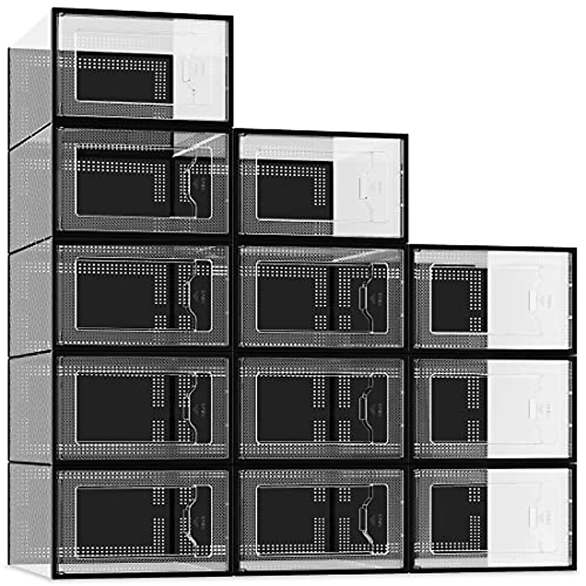 SEE SPRING 12 Pack Medium + 12 Pack X-large Shoe Storage Box, Clear Plastic Stackable Shoe Organizer for Closet, Space Saving Foldable Shoe Containers Bins Holders (Black Clear)