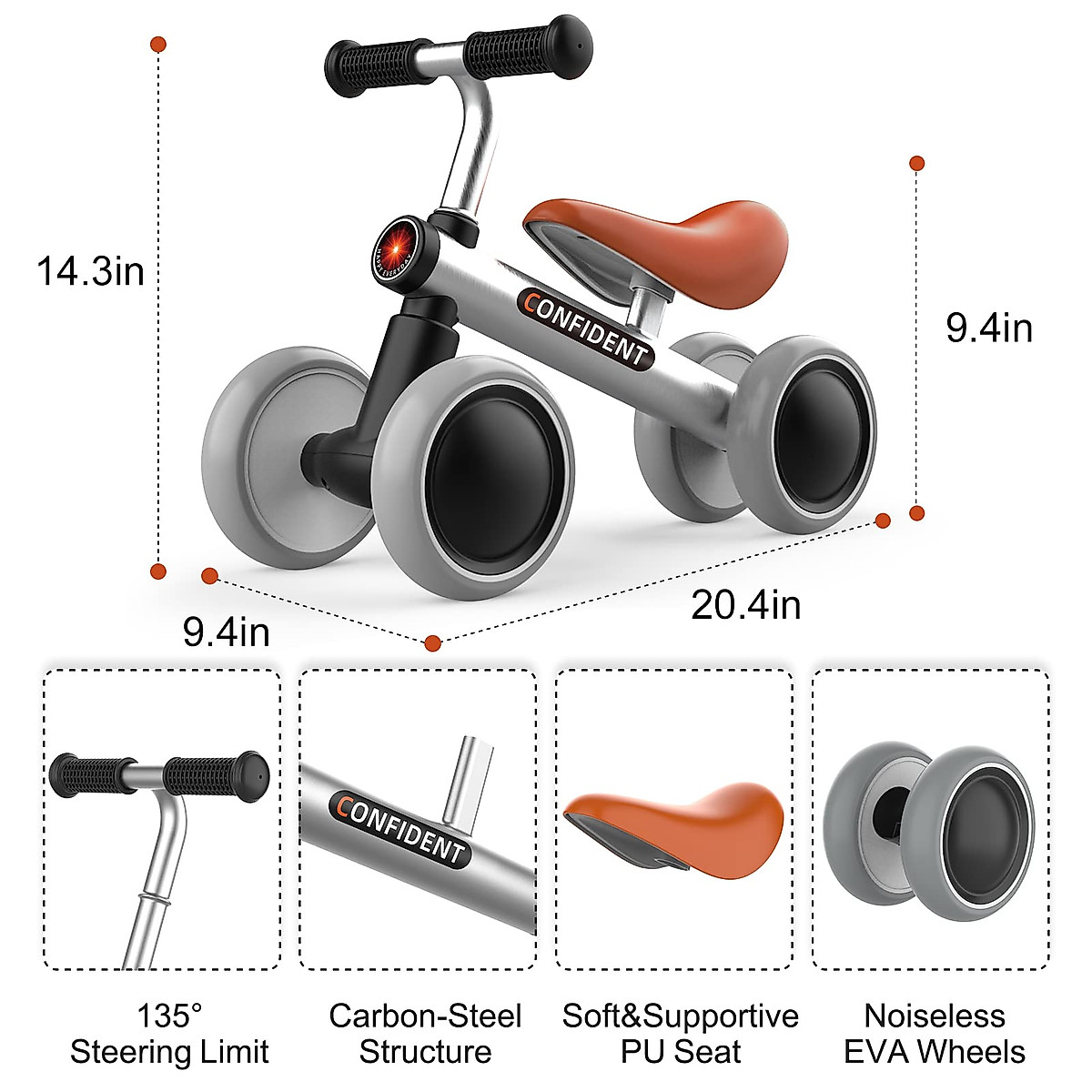 Baby Balance Bike for 1 Year Old Boys Girls Gifts, Baby Bicycle for 10-36 Months, Kids First Bike or Birthday Gift, Riding Toys for Toddlers 4 Silent Wheels No Pedal Bicycle with Steel Frame (Grey)