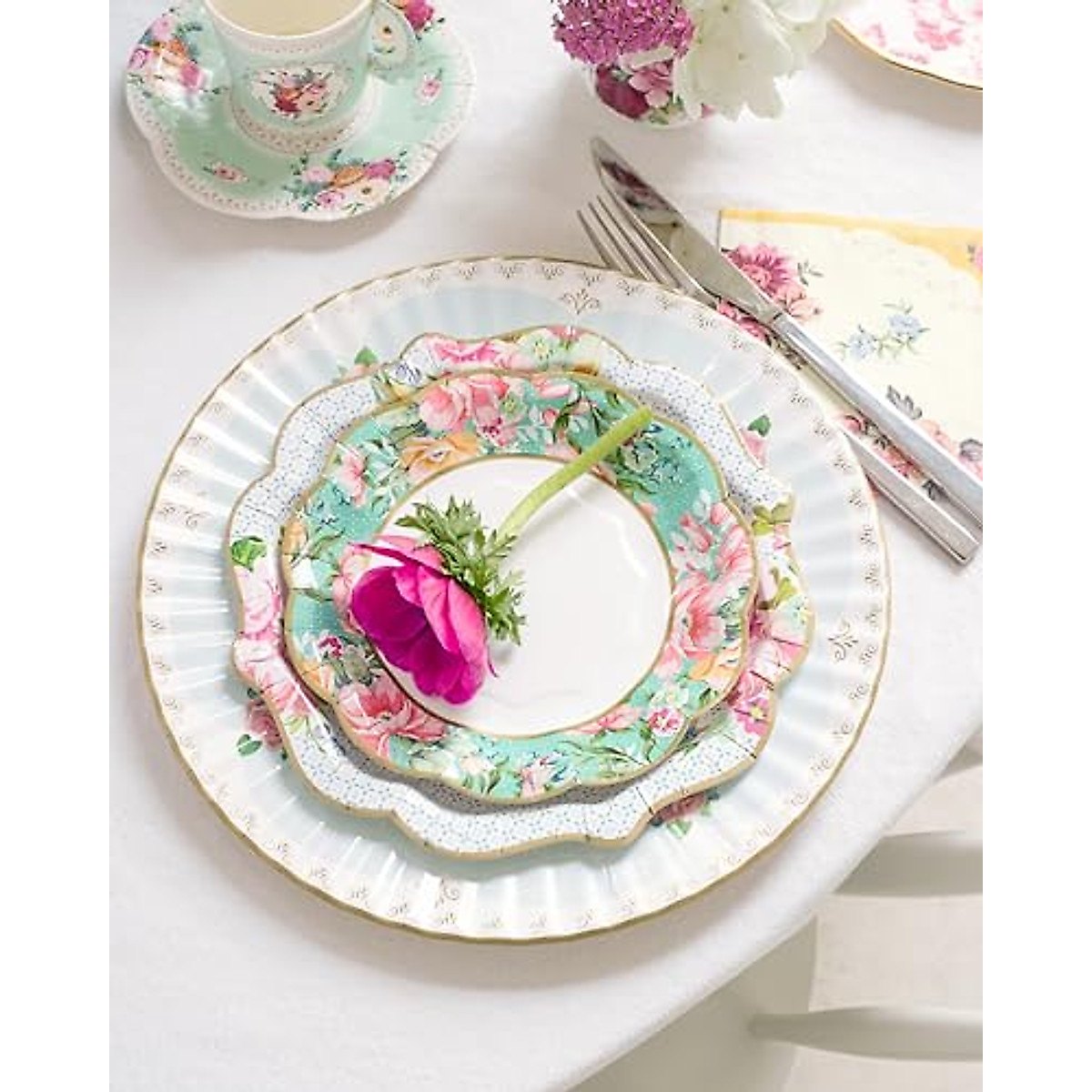 Talking Tables 24 x Pretty Vintage Disposable Floral Cup & Saucer Afternoon Tea Party Set, Truly Scrumptious Disposable Tableware for Mother’s Day, Kids Birthday Bridal Baby Shower, Weddings