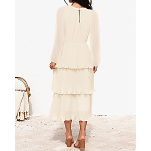 ZESICA Women's 2025 Long Sleeve Crew Neck Ruffle Tiered Layered Chiffon Flowy Swing 2025 Long Midi Dress,Apricot,X-Large