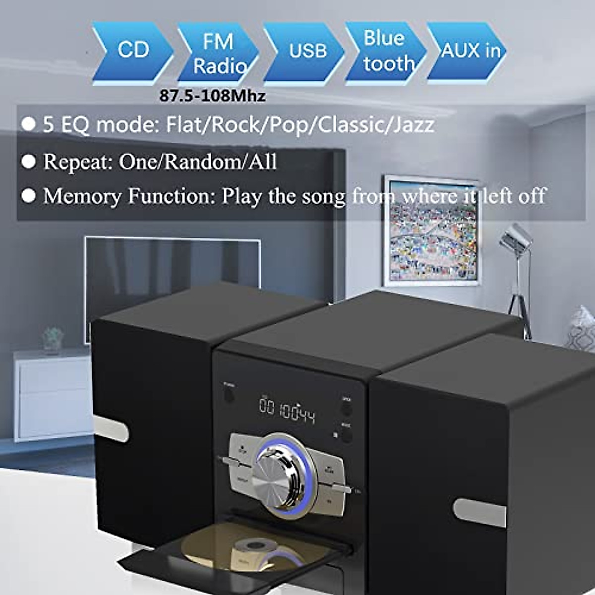 Home Stereo System with CD Player FM Radio Bluetooth AUX in/USB in, Earphone Jack, Remote Control, 30W HiFi Shelf Stereo System