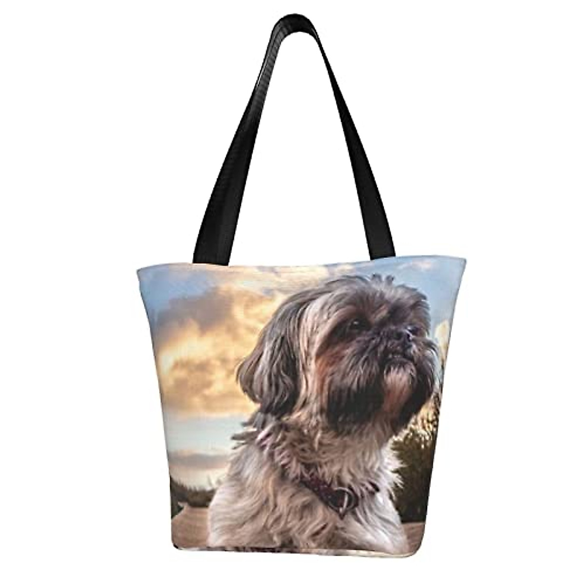 Cute Shih Tzu Dog Sunset Women's Shoulder Handbag Grocery Tote Bag Storage Handle Bag