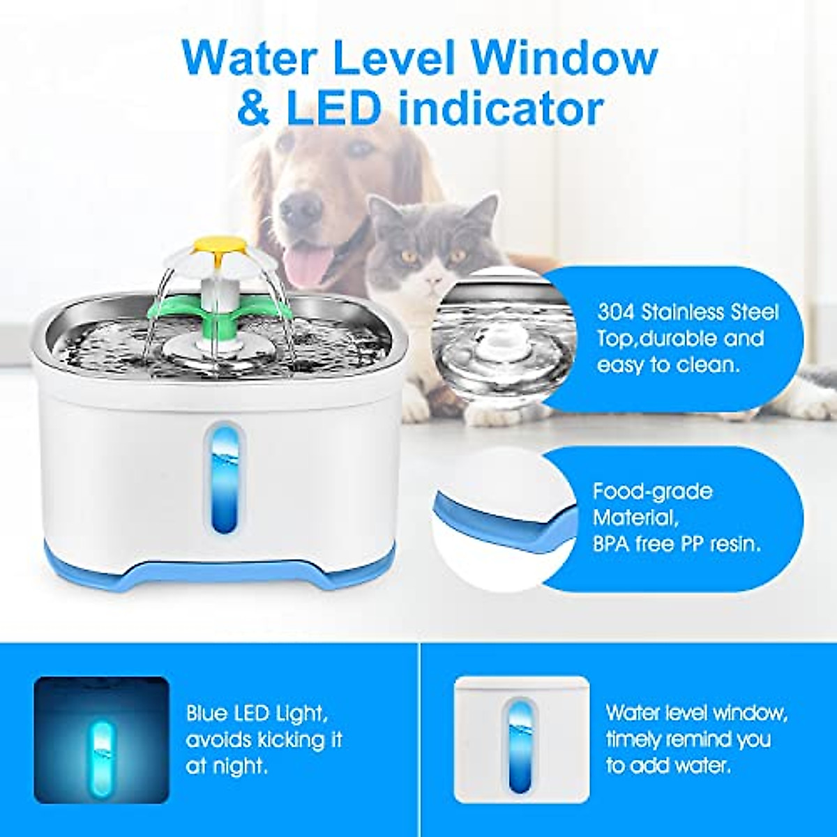 Stainless Steel Pet Water Fountain with Adapter, Upgraded Version 84oz/2.5L Automatic Cat Water Fountain Dog Water Dispenser with Ultra-Quiet Pump for Cats, Dogs, Birds, Multiple Pets (Blue)