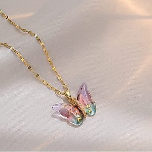 HOLINSE Butterfly Necklace for Women - Fairy Cubic Zirconia Butterfly Pendant Necklaces Titanium Steel (Gold Pink)