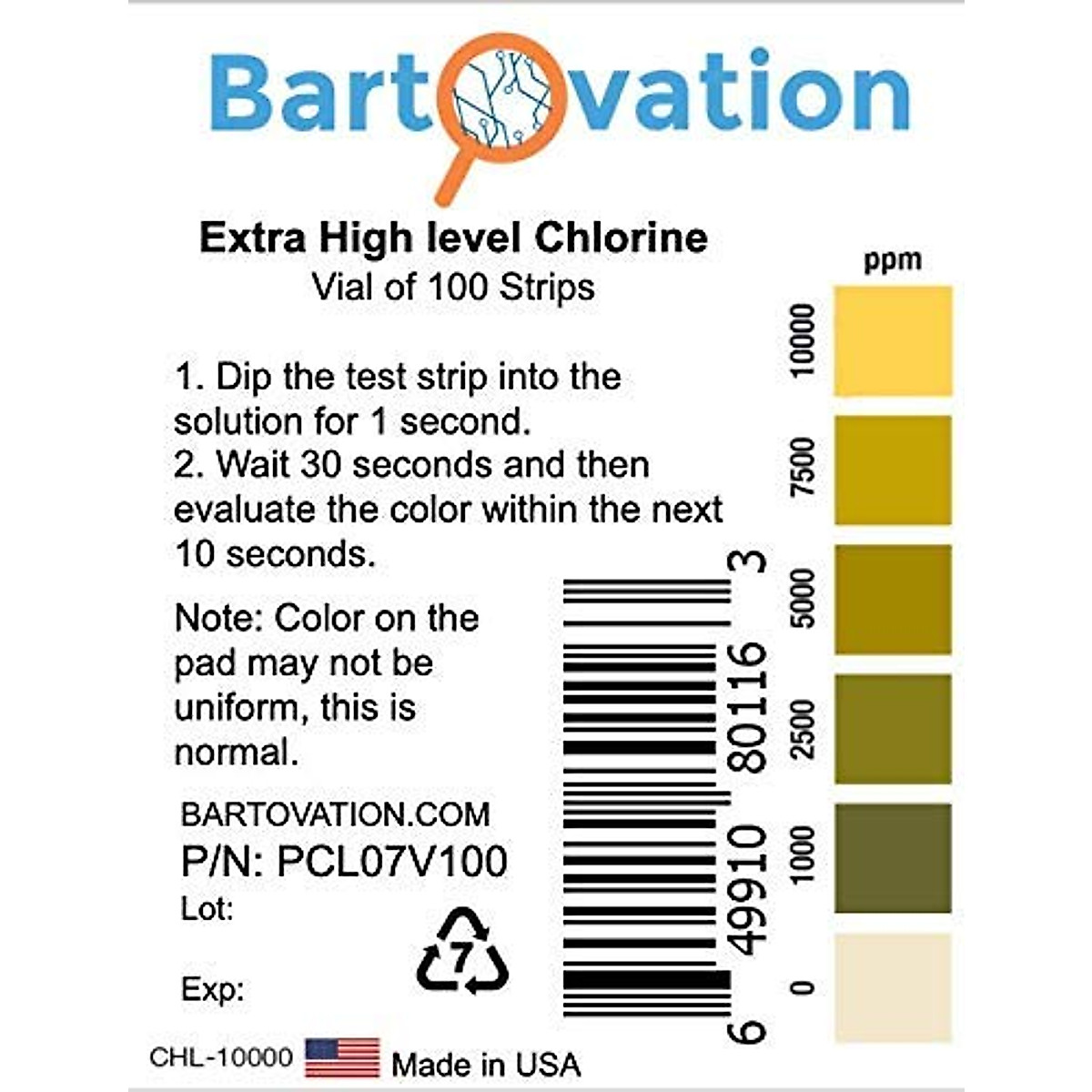 Extra High-Level Chlorine Test Strips, 0-10,000 ppm [Vial of 100 Strips]