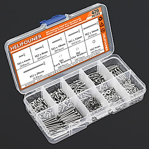 HELIFOUNER 420 Pieces M2 x 6mm /8mm /10mm /12mm /16mm /20mm, 304 Stainless Steel M2 Countersunk Socket Cap Screws Nuts Washers Kit