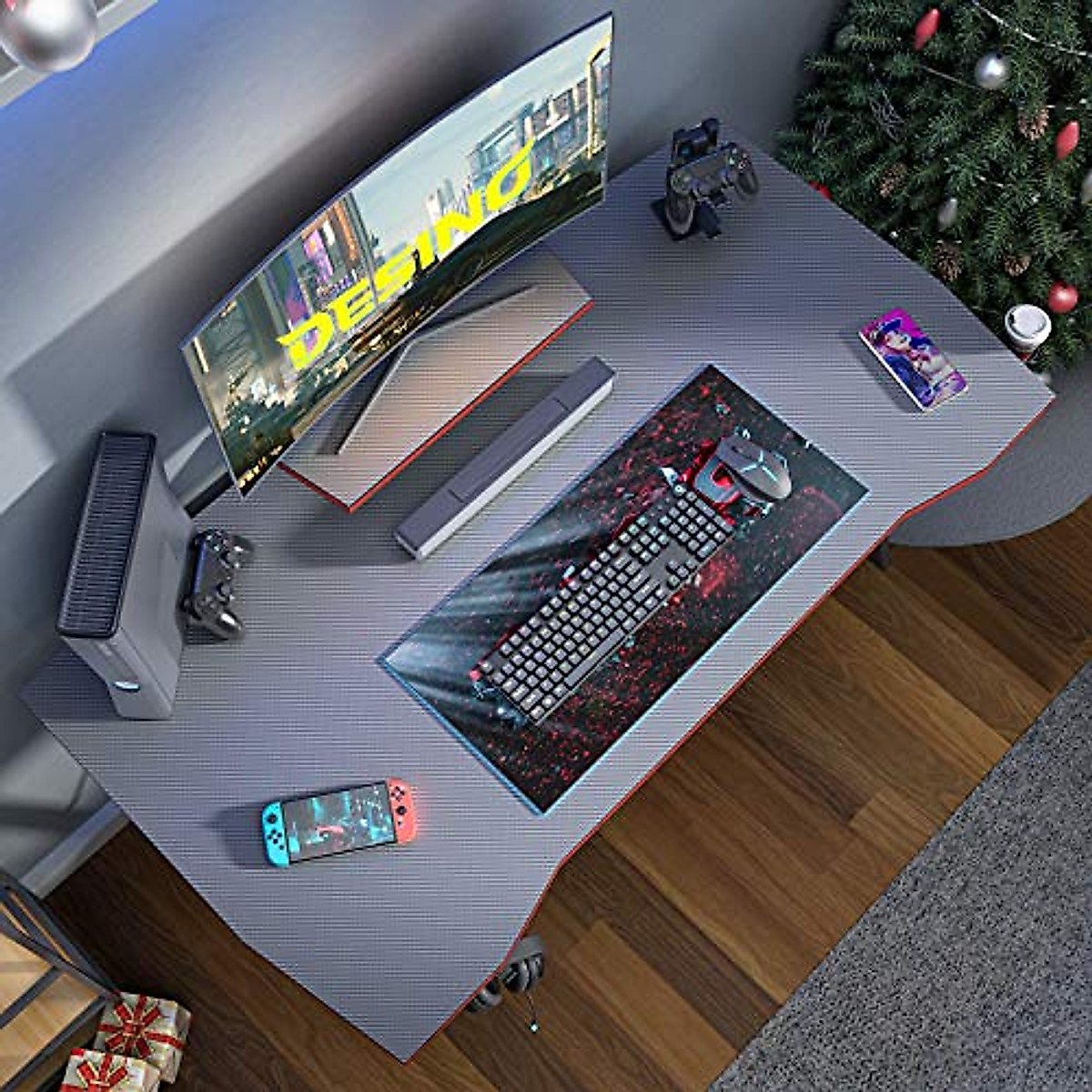 DESINO Gaming Desk 47 inch PC Computer Desk, Home Office Desk Table Gamer Workstation with Cup Holder and Headphone Hook, Gray