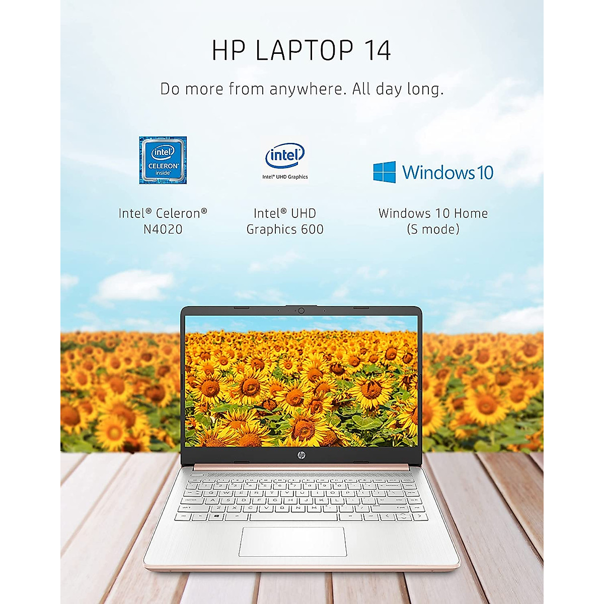 HP 14 Laptop, Intel Celeron N4020, 16GB RAM, 64 GB eMMC Storage, 14-inch HD Touchscreen, Win11, Thin & Portable, 4K Graphics, One Year of Microsoft 365, Rose Gold, W/GaLiMu