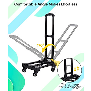 Lougnee Folding Hand Truck, 4 Wheels Fold Up Hand Cart with 2 Elastic Ropes, Portable Foldable 220 lbs Capacity Heavy Duty Luggage Cart, Utility Dolly Platform Cart for Car House Office Moving, Black
