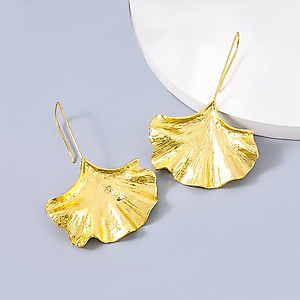 Gingko Leaf Earrings, Gold Gingko Leaf Statement Dangle Earrings For Women, Bohemian Tree Leaf Earrings, Fan-shaped Stud Earrings Gingko Leaf Boho Jewelry, Zinc, no