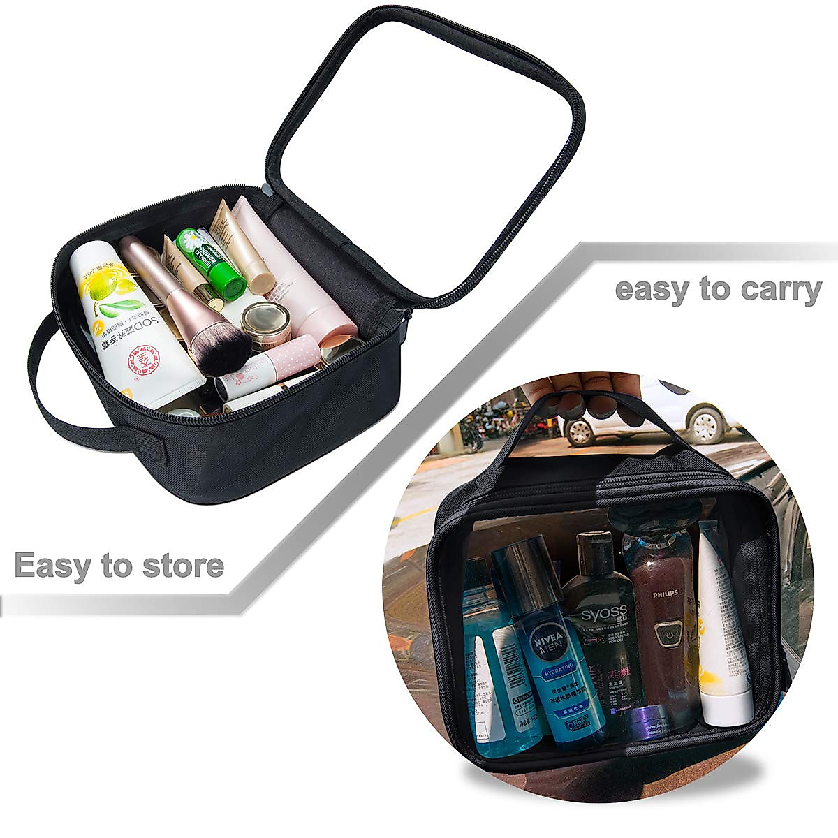 ANRUI TSA Approved Toiletry Bag With Handle Strap, Clear Travel Liquids Toiletries & Cosmetics Organizer Carry-On Luggage for Women and Men Black 3 Pack (Same Size)