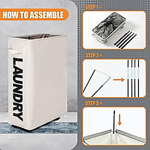 Caroeas 22" Rolling Slim Laundry Basket with Stand Foldable Waterproof Sorter and Organizer on Wheels Tall Thin Dirty Laundry Hamper Basket Home Corner Bin (Beige)