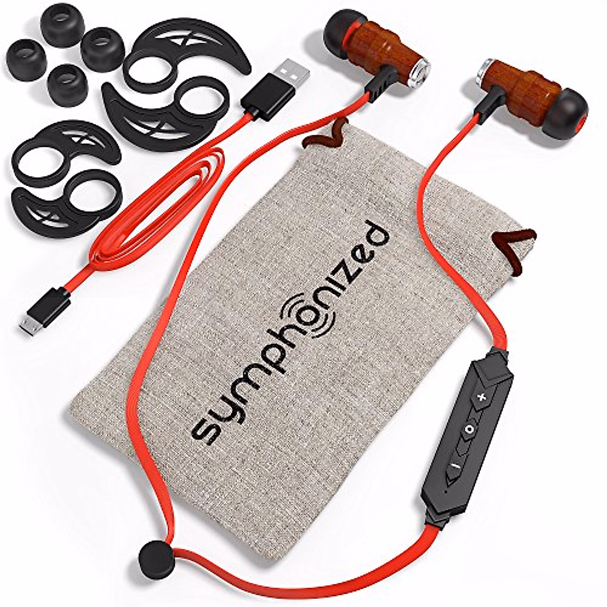 Symphonized NRG Bluetooth Wireless Wood in-Ear Noise-isolating Headphones, Earbuds, Earphones with Mic & Volume Control (Red)
