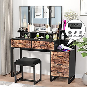 PAKASEPT Vanity Set with Lighted Tri-fold Mirror, Vanity Desk with Charging Station, 3-Color Adjustable Touch Light, 5 Drawers, Storage Shelves&Cushioned Stool Makeup Vanity for Bedroom, Black