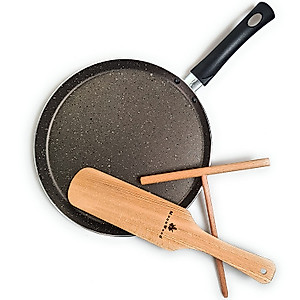 moonwood Crepe Pan, Free Nonstick Coating - Made in Europe MarbleTech Great for Crepes, Omelets, Eggs, Pancake - Dishwasher Safe 10.23 Flat - With Wooden Crepe Spreader and Spatula Set