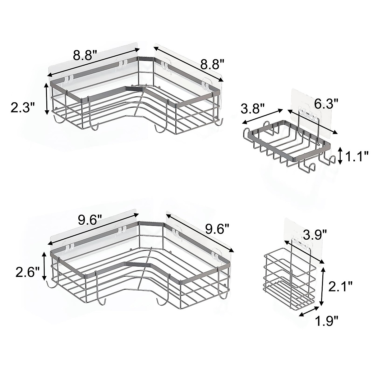 Fixwal Corner Shower Shelves, Bathroom Shower Organizers, Sliver Shower Caddy for Inside Shower with Soap Caddy & Toothbrush Holder, No Drilling Wall Mount 4-Pack