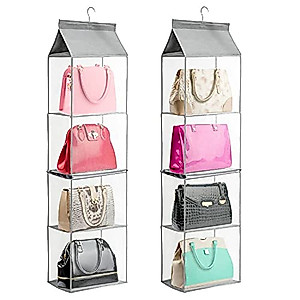 Febou 2 Pack Hanging Purse Organizer for Closet, Detachable Hanging Handbag Storage Purse Holder with 4 Mesh Shelves for Wardrobe Closet Purse Organizer (Grey)