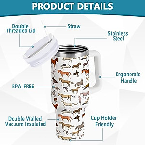 RPLIFE Horse Breeds White 40oz Tumbler with Handle, Stainless Steel Water Bottle with Straw, Tumblers for Women