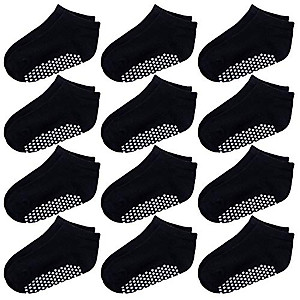 Cooraby 12 Pairs Kids' Non Slip Half Cushion Low Cut Socks Non-Skid Classic Ankle Socks (Black, 3-5 Years)