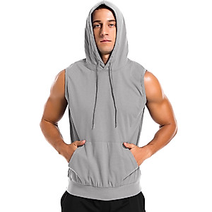 Amussiar Men's Sleeveless Hooded Tanktops Casual Vest Slim Fit Gyms Bodybuilding Hoodies Vest Grey