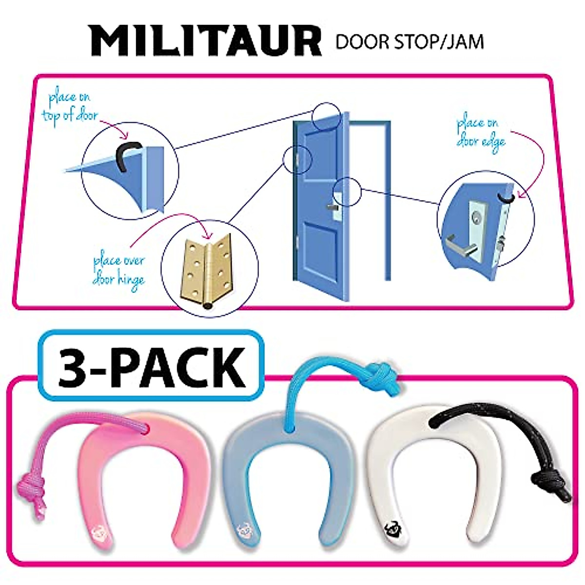 Militaur Door Stop. Door Pinch Guard. Glow in The Dark Blue Pink White. Door Slam Stopper. Cat Door Stopper for Food & Litter Access. Keeps Doors Open for Moving & Deliveries. Heavy Duty. (3 Pack)