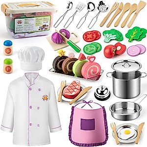 EFO SHM 44PCS Play Kitchen Accessories, Wooden Play Food, Kids Kitchen Pretend Play Toys with Stainless Steel Play Pots & Pans Sets, Apron & Chef Clothes, Kitchen Toys for Toddlers Preschoolers Kids