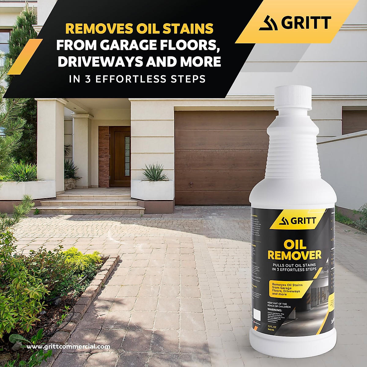 GRITT COMMERCIAL Concrete Oil Stain Remover | All Purpose Concentrated Cleaner for Oil, Grease, and Rust | Removes Stains from Concrete and Asphalt Driveways, Garages, and Patios 32 oz