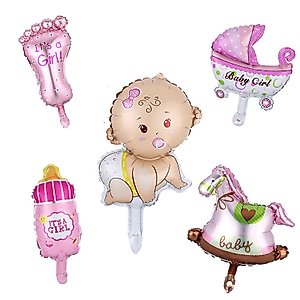 NC 5 PCS Baby Shower Balloons for Girl,Pink Baby Girl Balloons,Foil Mylor Balloons for Baby Shower Dectoration