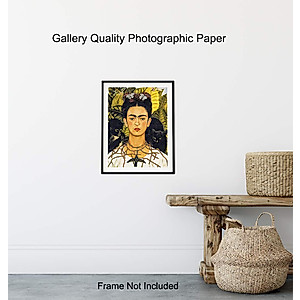 Poster - 8x10 Mexican Art Wall Decor Picture Print for Bedroom, Living Room, Home, Apartment - Gift for Women, Woman Artist - Monkey, Cat, Hummingbird Self-Portrait Painting - Unframed