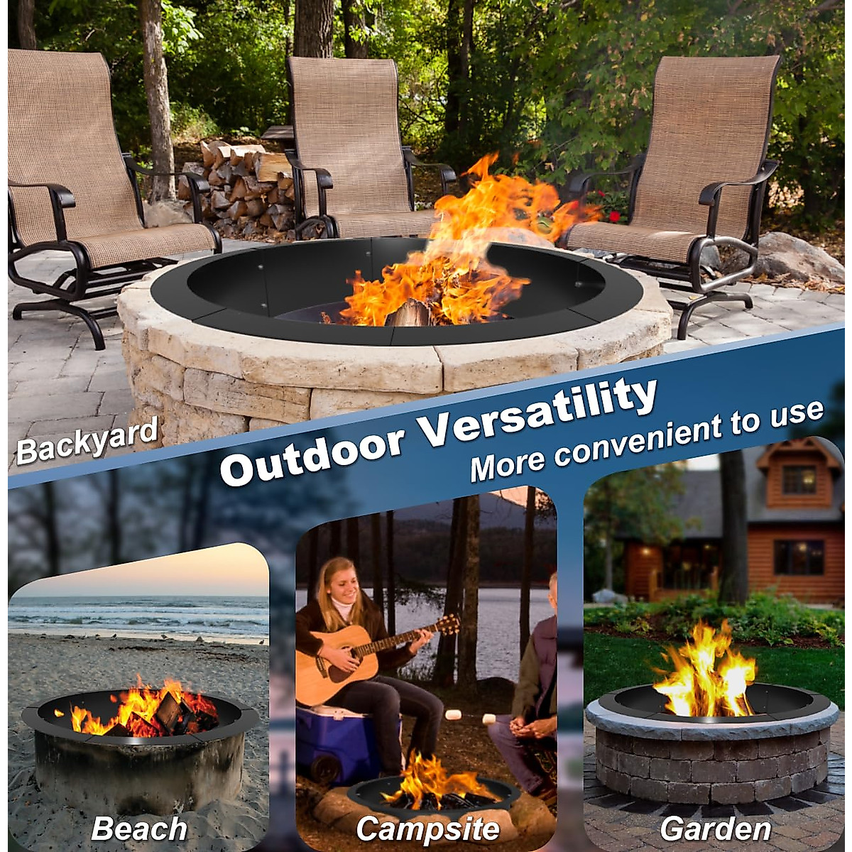 AnBaiMei Round Outdoor Fire Pit Ring Insert 31-Inch Inner 35-Inch Outer Diameter, Heavy Duty Metal Steel DIY Firepit Liner Campfire Rings for Outside Wood Burning Above or In-Ground, Black