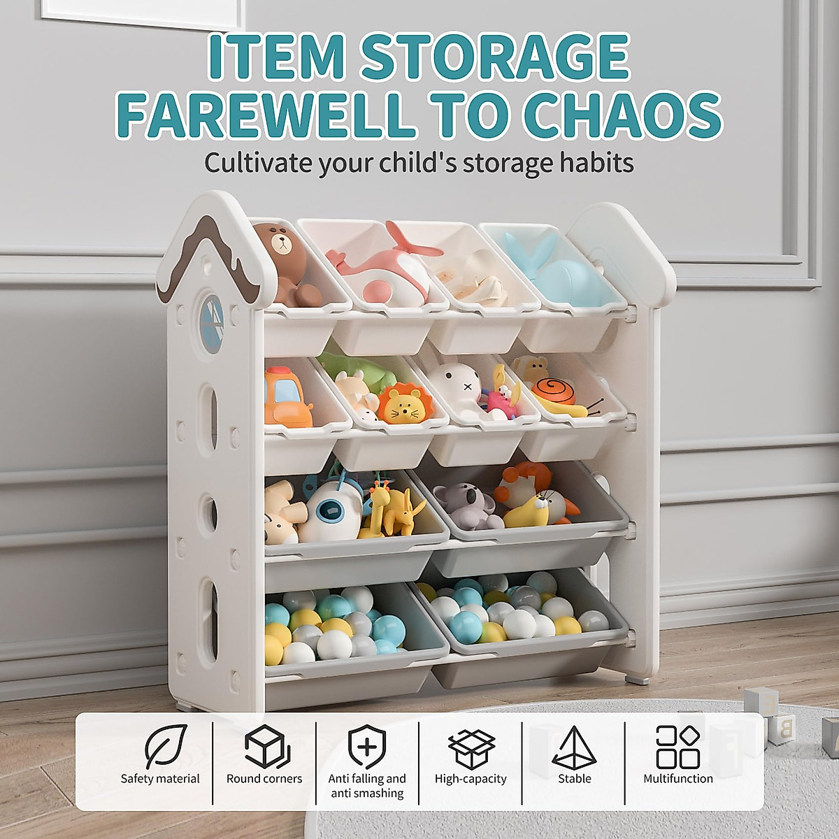 UNICOO Kids 4-Tier Toy Storage Organizer, Toy Organizer Shelf, Fun Candy House Design, Toy Shelves Organizer with 12 Bins, Toy Organizer Rack Durable and Safe HDPE Material