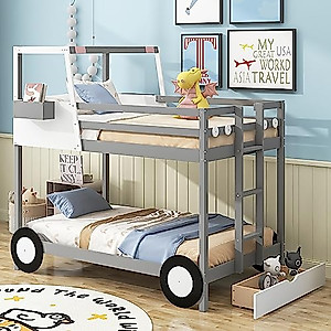 P PURLOVE Car Shaped Bunk Bed Twin Over Twin with Wheels and Shelves, Bunk Bed Frame with Ladder and Drawer, Wooden Bunk Bed for Boys, Girls and Young Teens, No Box Spring Needed (Gray)