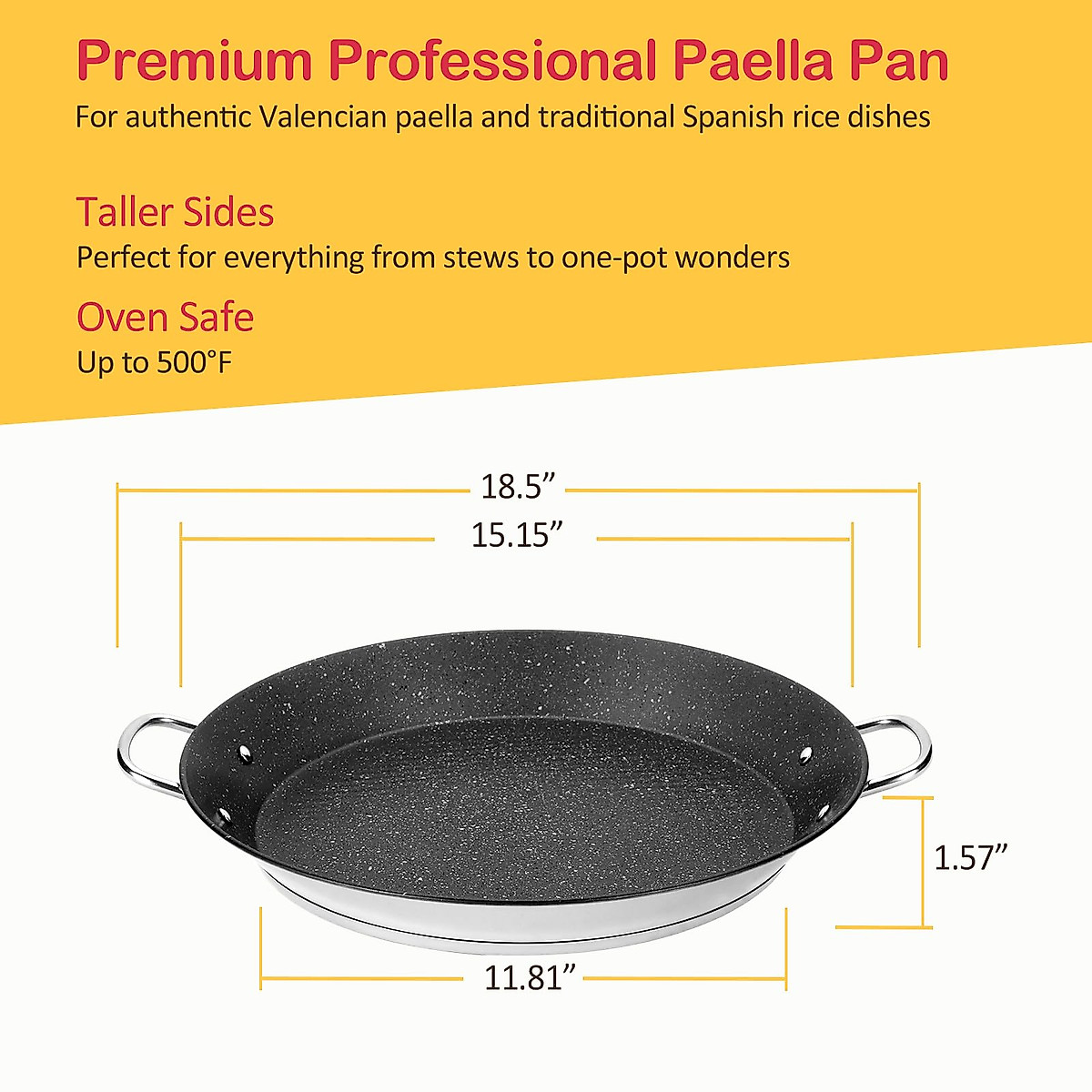 ACTIV CUISINE Paella Pan, 14 Inch Stainless Steel Paella Pan, Non-stick Coating, Seafood and Meat for 6 Servings, Cooking Pan Suitable for All Cooktops Including Induction, 36 CM
