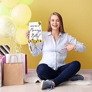 Sabary 64 Pcs Guess Baby Shower Games Include How Big Is Mommy's Belly Sign Measure Baby Bump Game and 50 Guessing Cards with 10 Pencils 3 Measuring Tapes for Baby Shower Party(Sunflower)