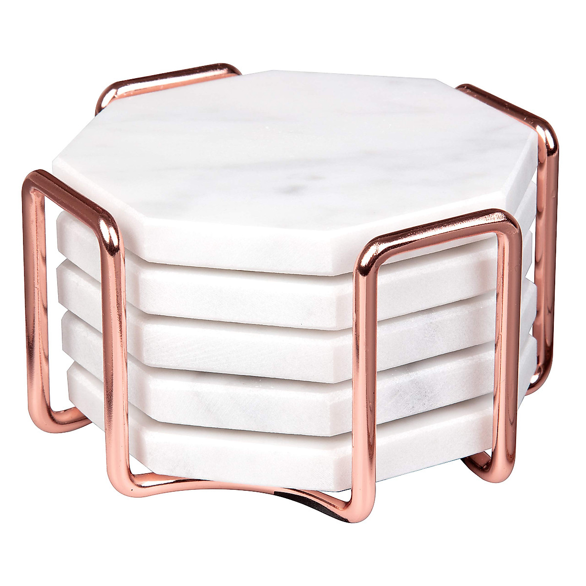 D'Eco White Carrara Marble Coasters & Rose Gold Coaster Holder (Set of 5)- Durable, Thick Coasters - Protects Any Table Type & Fits Any Coffee Mug, Drinking Glass, Barware- Holiday Idea