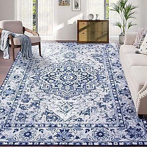 OHWPEAT 5x7 Feet Boho Vintage Living Room Area Rug, Lightweight Non-Shedding Carpet, Hardwearing Stain-Resistant Machine Washable, Non-Slip Rug for Bedroom Office Dining Room Kids Room, Blue Rugs