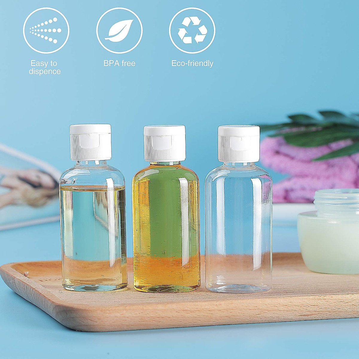 50ML Plastic Empty Bottles Clear Travel Containers Travel Size Bottles with Flip Cap, HDPE Squeezable Refillable Toiletry/Cosmetic Bottles - Set of 25 - Oval Design (clear)