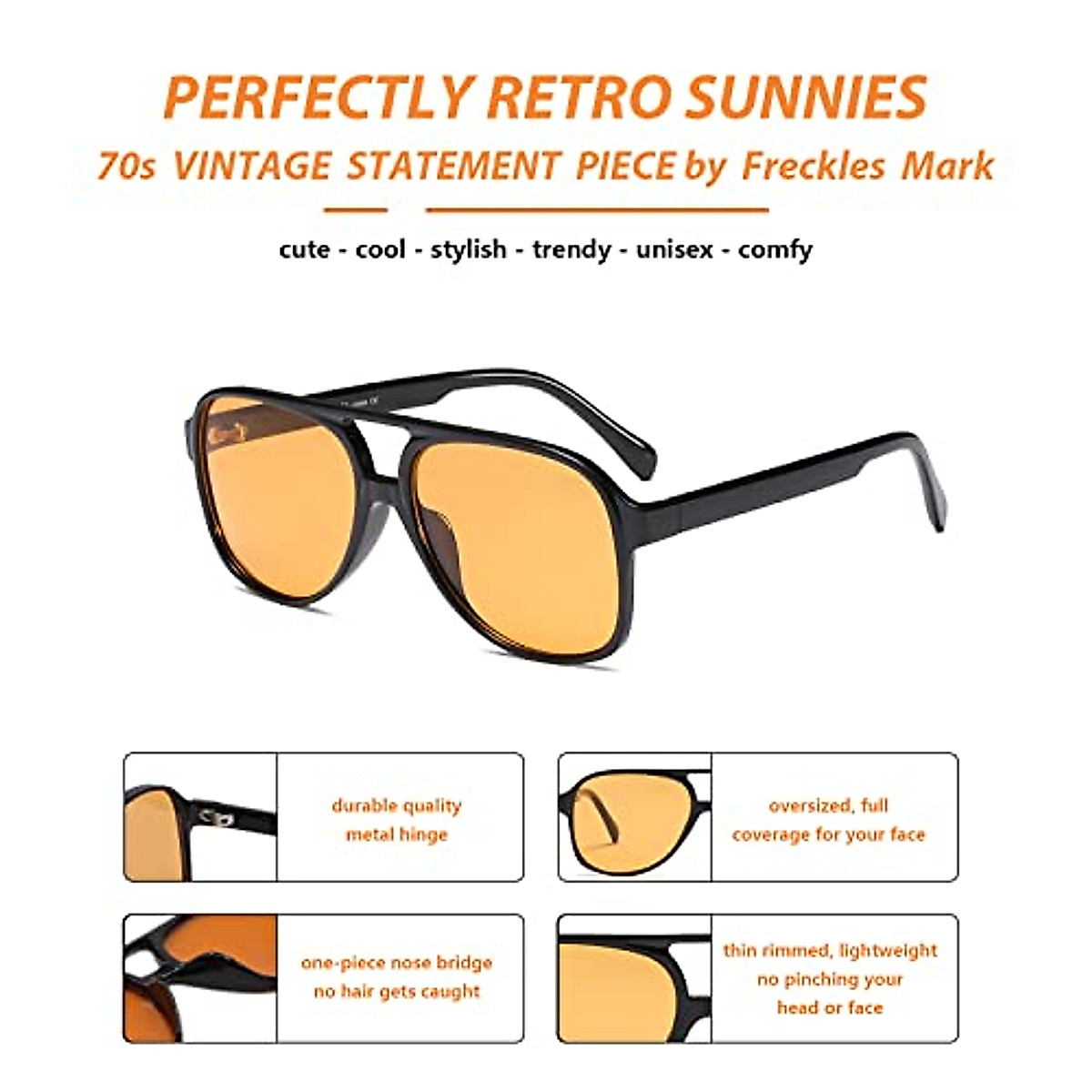 Freckles Mark Vintage Retro 70s Sunglasses for Women Men Classic Large Square Aviator Trendy Glasses (Tinted Yellow, Millimeters, 60)