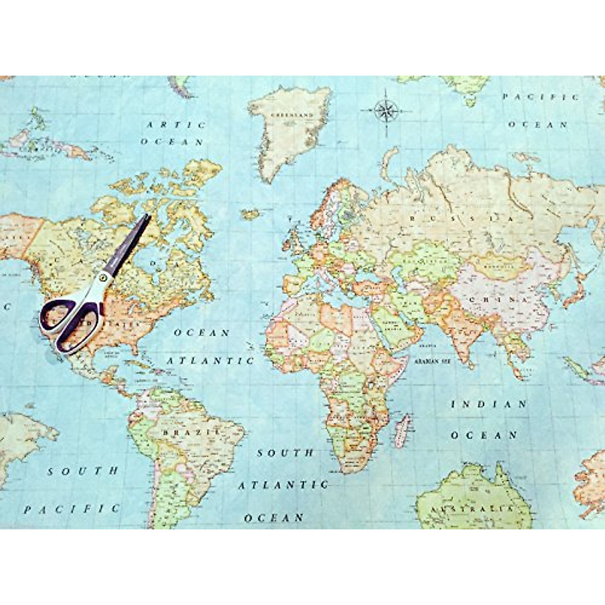 HomeBuy World Map 3 Designer Curtain Upholstery Cotton Fabric Material - 55'' Wide Sky Blue (Sold The Yard)