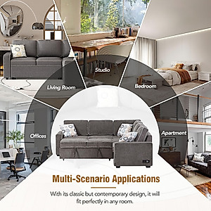 Pull Out Couch Sectional Sleeper Sofa L Shaped Convertible Sofa Bed with 2 USB Ports, 2 Power Sockets and 3 Pillows for Living Room, Bedroom, Office, 83" Brown